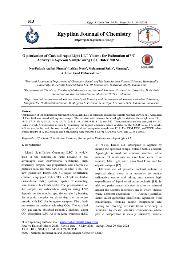 (PDF) Optimization of Cocktail AquaLight LLT Volume for Estimation of ...