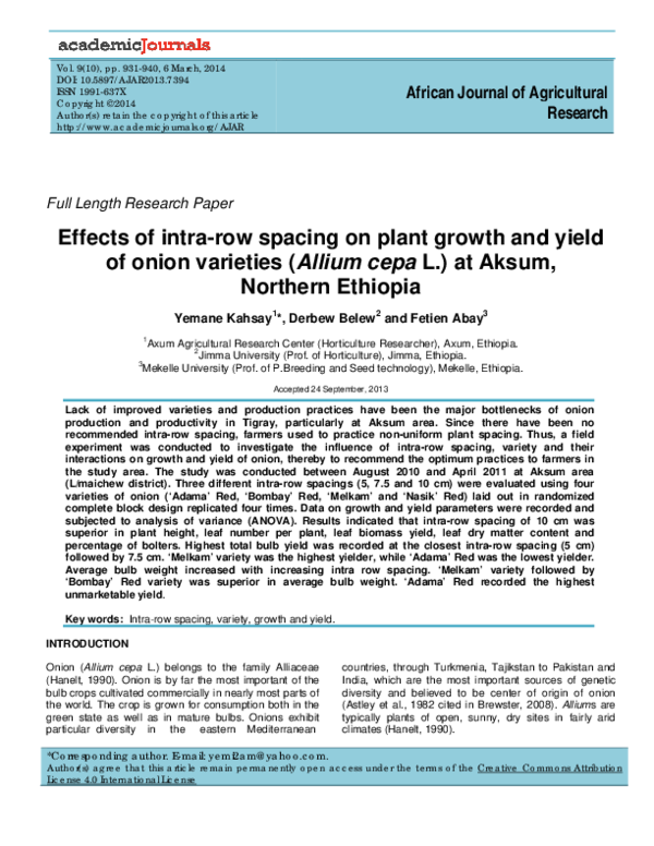 (PDF) Effects of intra-row spacing on plant growth and yield of onion varieties (Allium cepa L ...