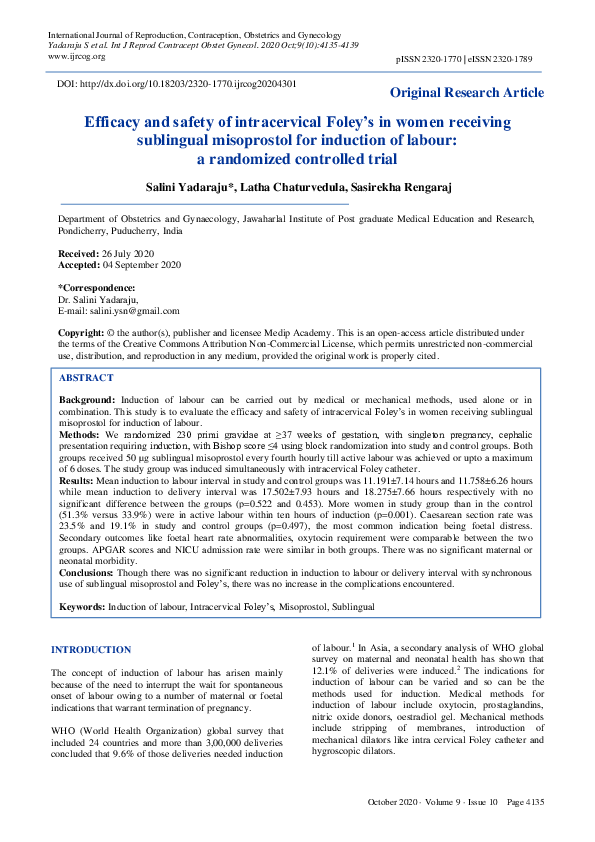(PDF) Efficacy and safety of intracervical Foley’s in women receiving ...