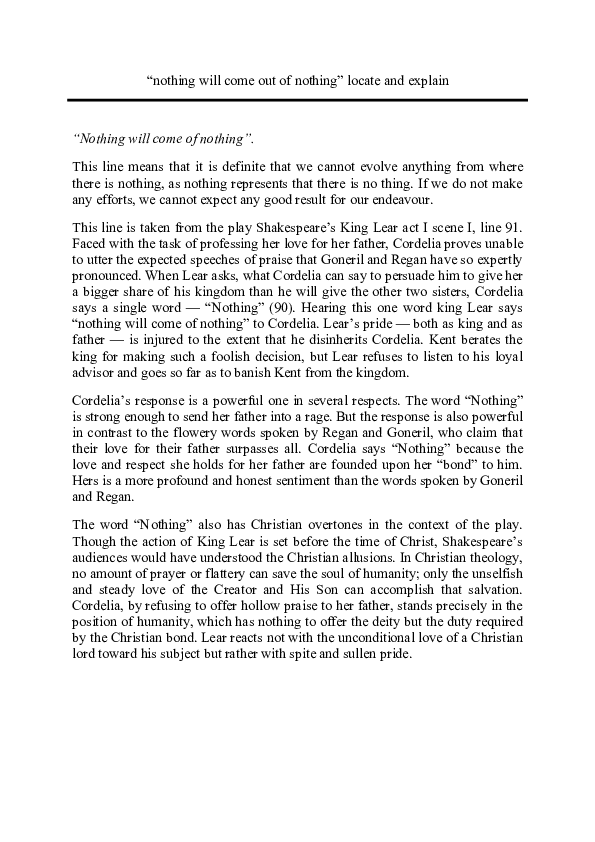 (DOC) "nothing will come out of nothing" locate and explain in King Lear