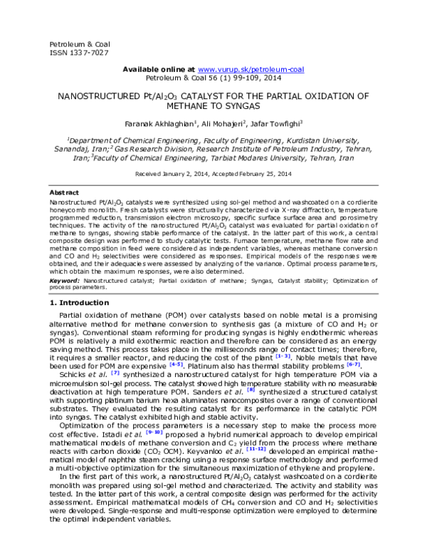 (PDF) NANOSTRUCTURED Pt/Al 2 O 3 CATALYST FOR THE PARTIAL OXIDATION OF ...