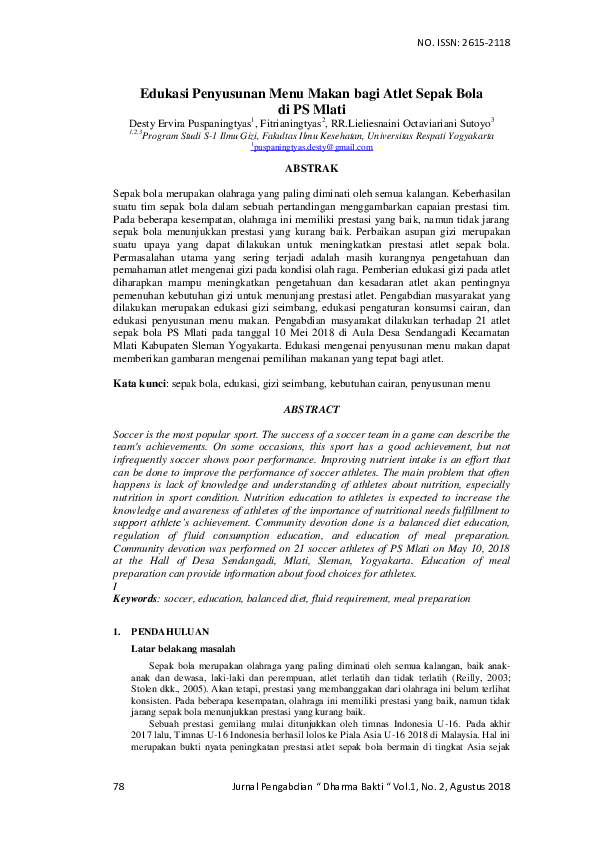 (PDF) Edukasi Penyusunan Menu Makan bagi Atlet Sepak Bola di PS Mlati