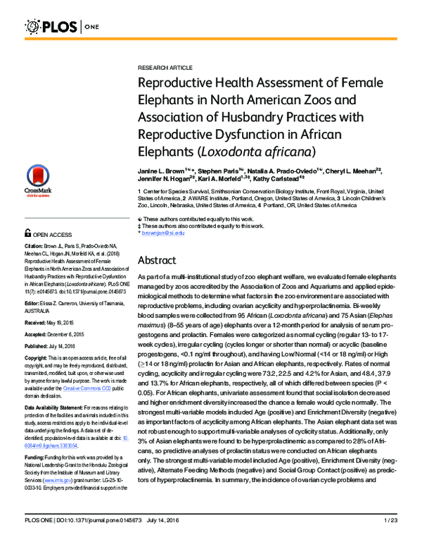 (PDF) Reproductive Health Assessment of Female Elephants in North ...
