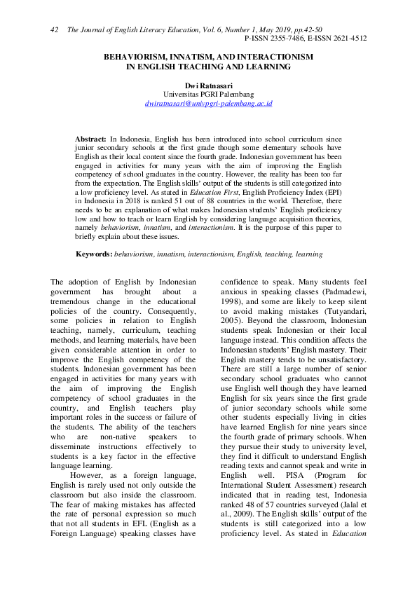(PDF) Behaviorism, Innatism, and Interactionism in English Teaching and ...
