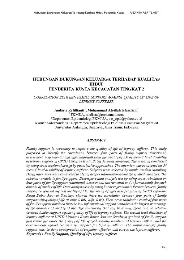 (PDF) Hubungan Dukungan keluarga Terhadap Kualitas Hidup Penderita Kusta Kecacatan Tingkat 2 ...