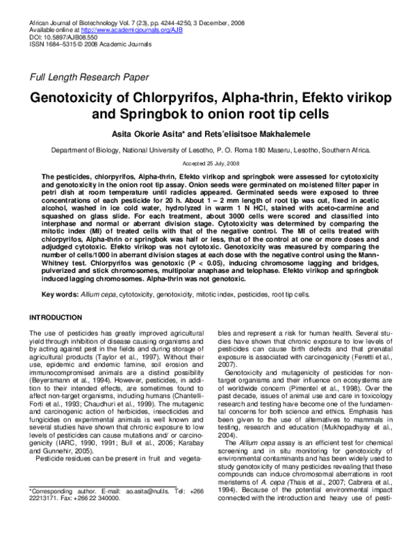 (PDF) Genotoxicity of Chlorpyrifos, Alpha-thrin, Efekto virikop and ...