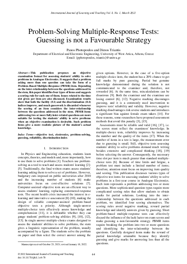 (PDF) Problem-Solving Multiple-Response Tests: Guessing is not a ...