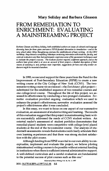 (PDF) From Remediation to enrichment: Evaluating a Mainstreaming Project
