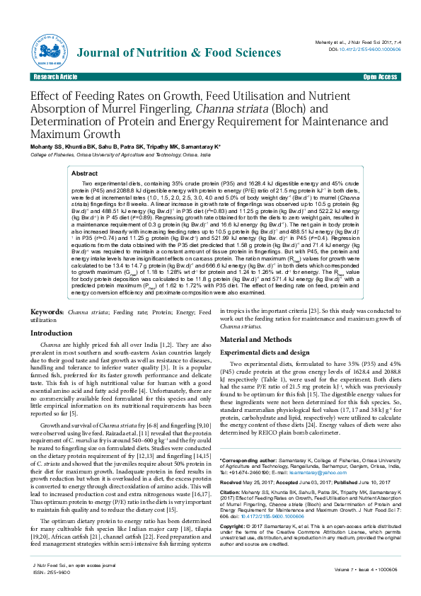 (PDF) Effect of Feeding Rates on Growth, Feed Utilisation and Nutrient ...
