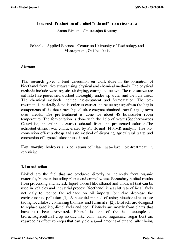 (PDF) Low cost Production of biofuel “ethanol” from rice straw