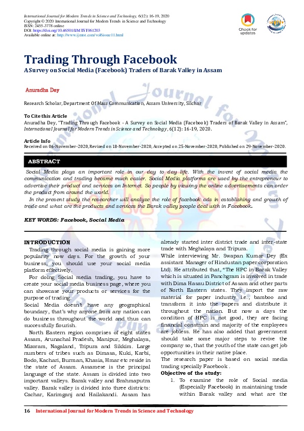 (PDF) Facebook Trading in Barak Valley: A Social Media Survey