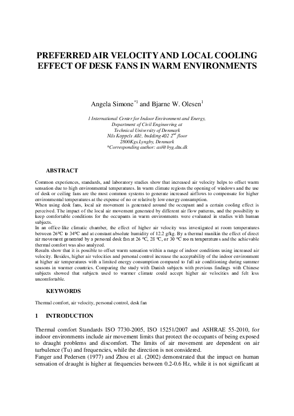 (PDF) Preferred Air Velocity and Local Cooling Effect of desk fans in ...