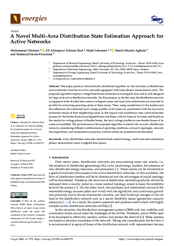 Pdf A Novel Multi Area Distribution State Estimation Approach For Active Networks