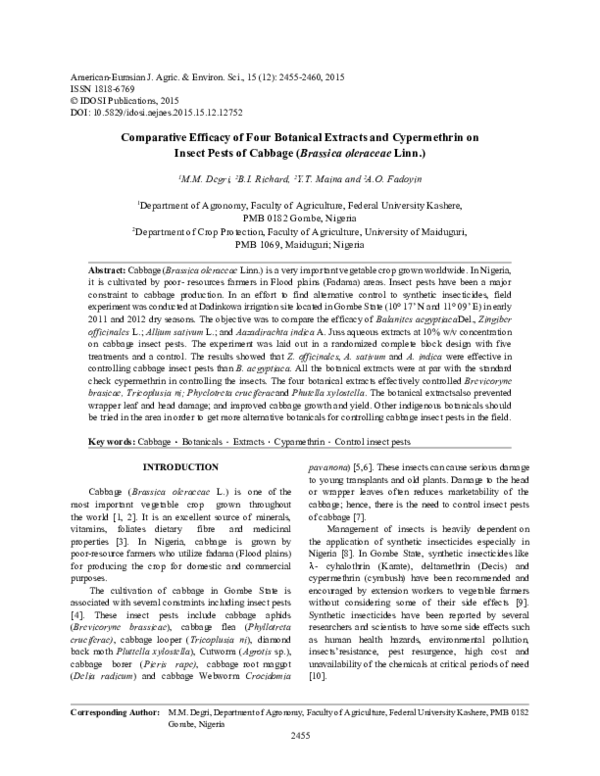(PDF) Comparative Efficacy of Four Botanical Extracts and Cypermethrin on Insect Pests of ...