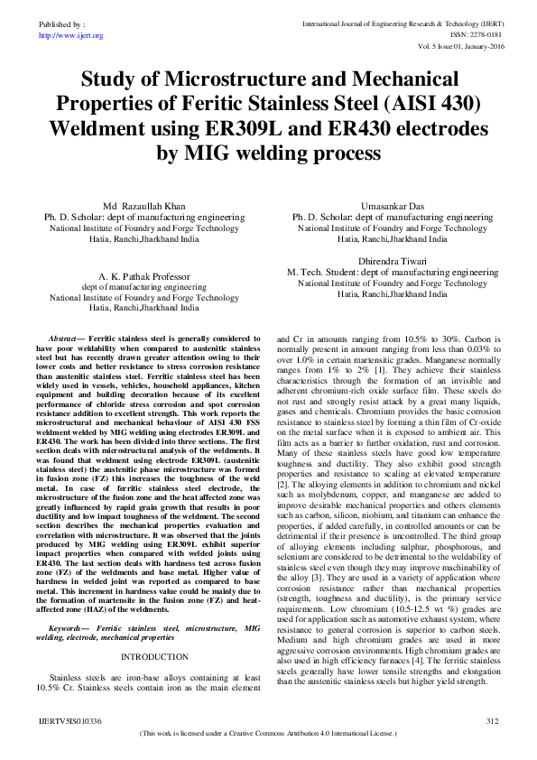 (PDF) Study of Microstructure and Mechanical Properties of Feritic Stainless Steel (AISI 430 ...