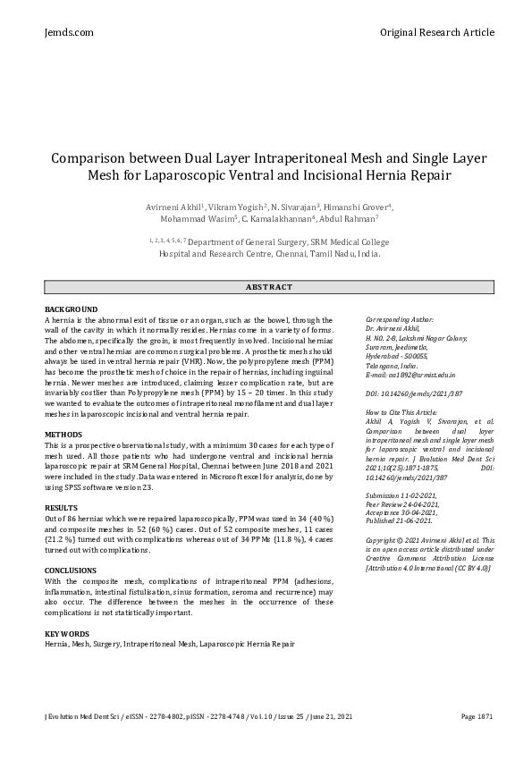 (PDF) Comparison between Dual Layer Intraperitoneal Mesh and Single ...
