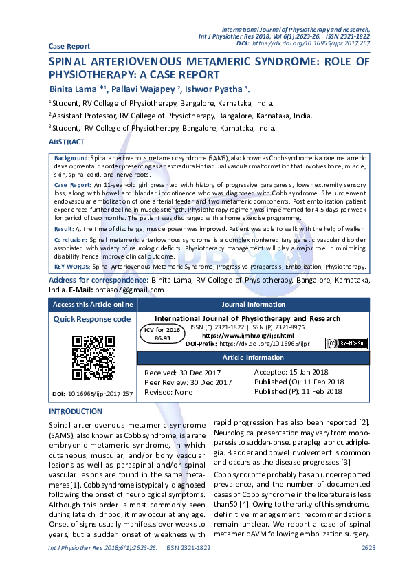 (PDF) Spinal Arteriovenous Metameric Syndrome: Role of Physiotherapy: A ...