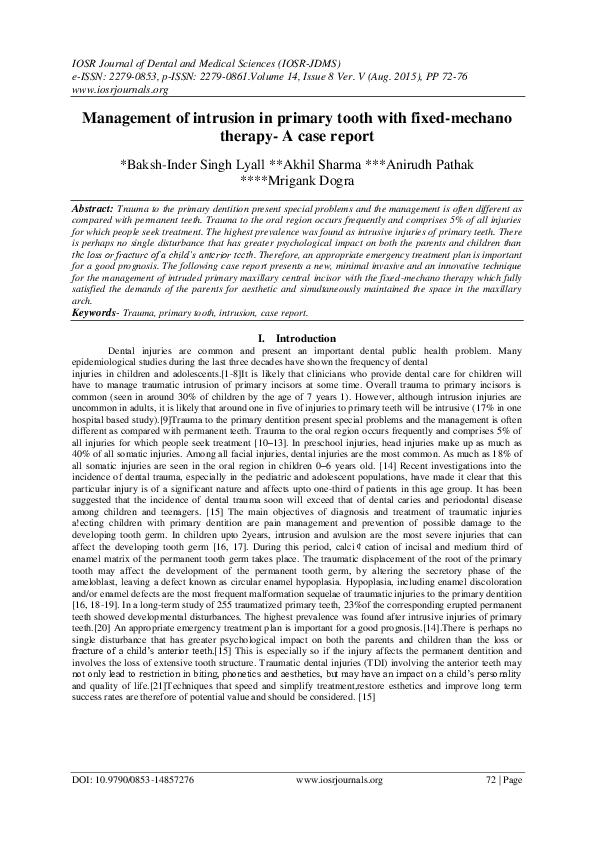 (PDF) Management of intrusion in primary tooth with fixed-mechano ...