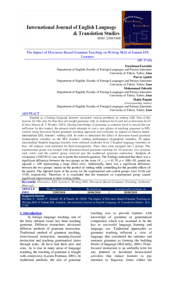 (PDF) The Impact of Discourse-Based Grammar Teaching on Writing Skill of Iranian EFL Learners