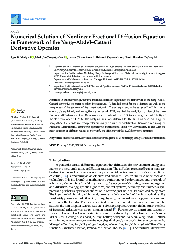 Pdf Numerical Solution Of Nonlinear Fractional Diffusion Equation In Framework Of The Yang