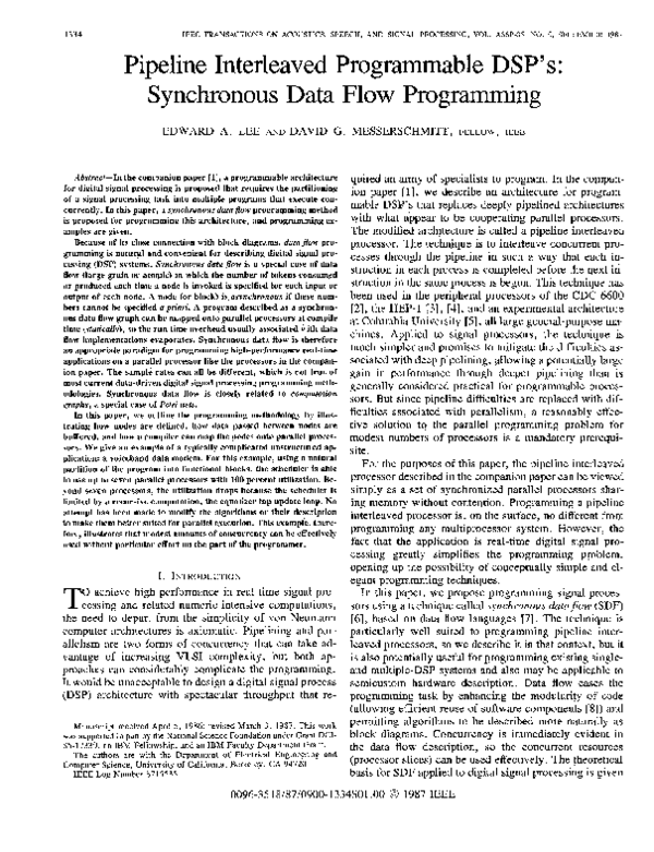 (PDF) Pipeline interleaved programmable DSP's: Synchronous data flow programming