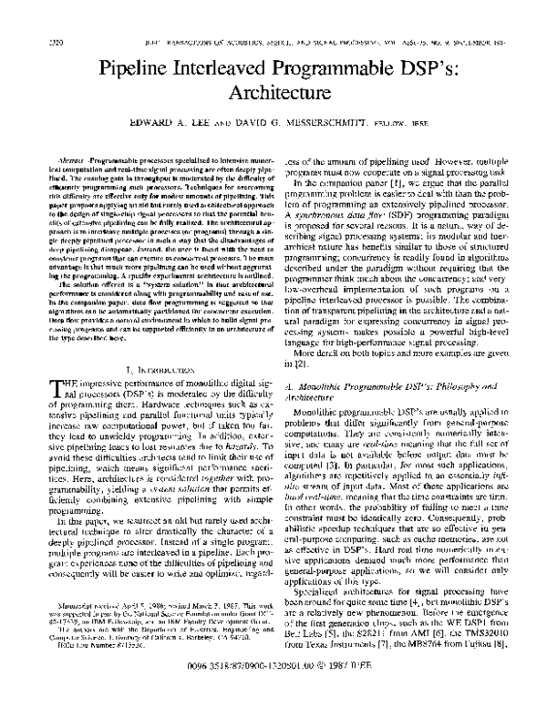 (PDF) Pipeline interleaved programmable DSP's: Architecture