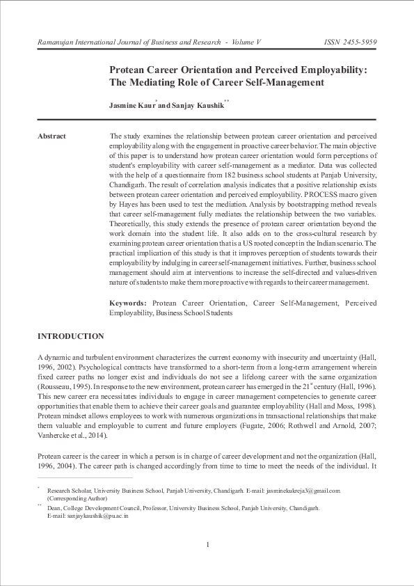 (PDF) Protean Career Orientation and Perceived Employability: The Mediating Role of Career Self ...