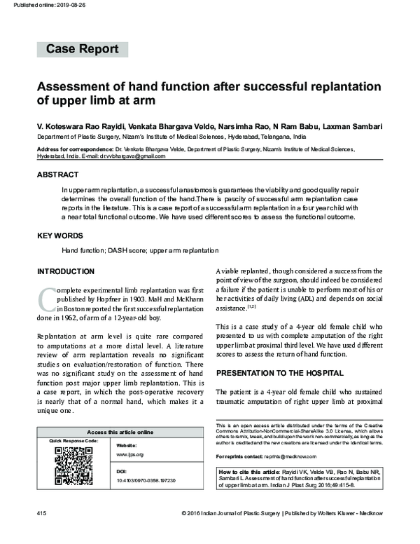 (PDF) Assessment of hand function after successful replantation of ...