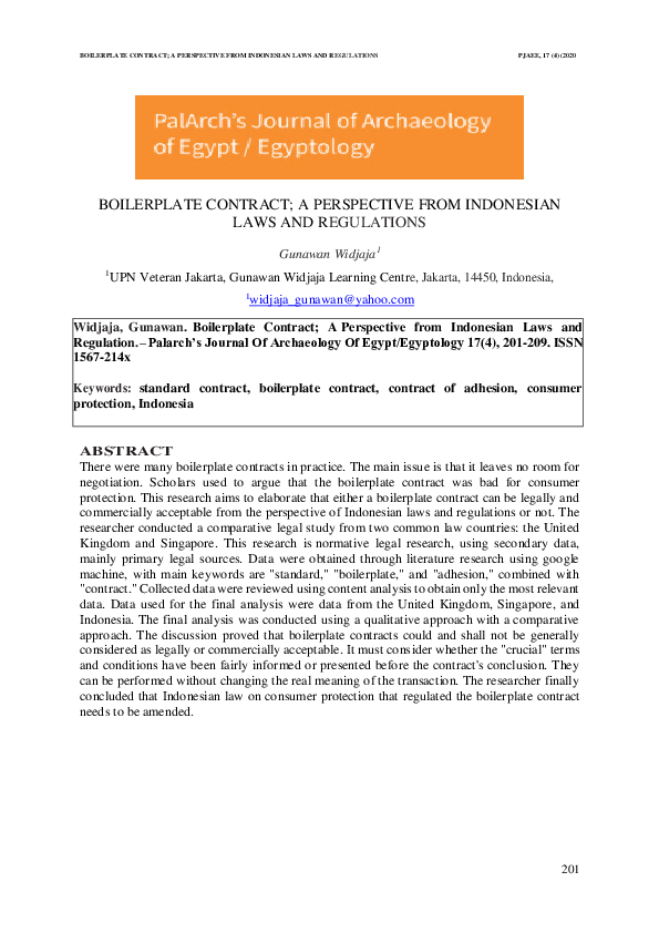 (PDF) BOILERPLATE CONTRACT; A PERSPECTIVE FROM INDONESIAN LAWS AND ...