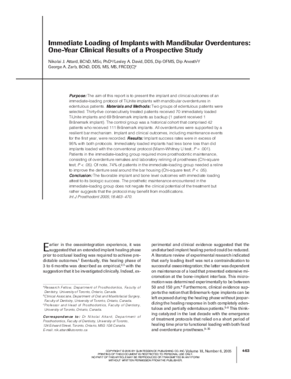 (PDF) Immediate loading of implants with mandibular overdentures: One-year clinical results of a ...
