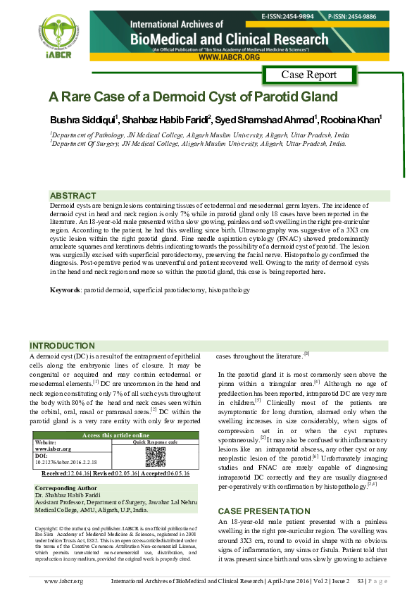 (PDF) A Rare Case of a Dermoid Cyst of Parotid Gland
