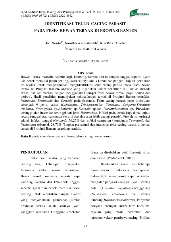 (PDF) Identifikasi Telur Cacing Parasit Pada Feses Hewan Ternak DI ...