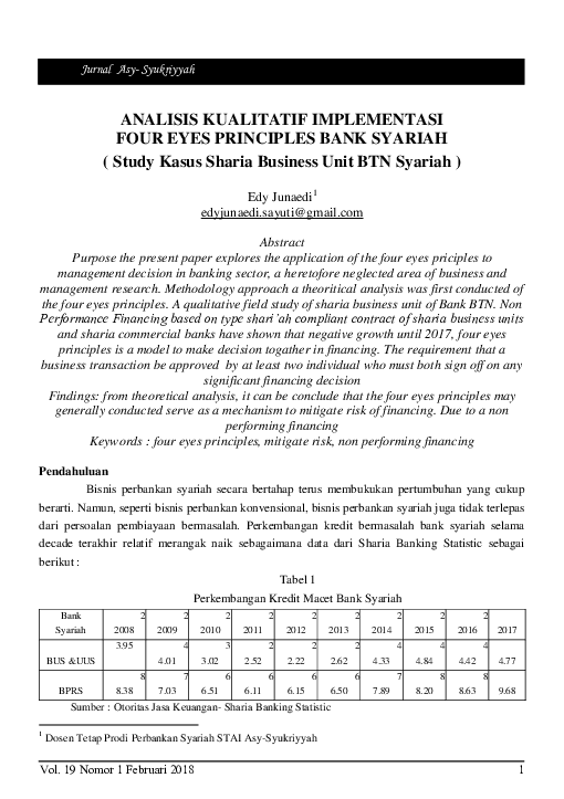 (PDF) Analisis Kualitatif Implementasi Four Eyes Principles Bank Syariah ( Study Kasus Sharia ...