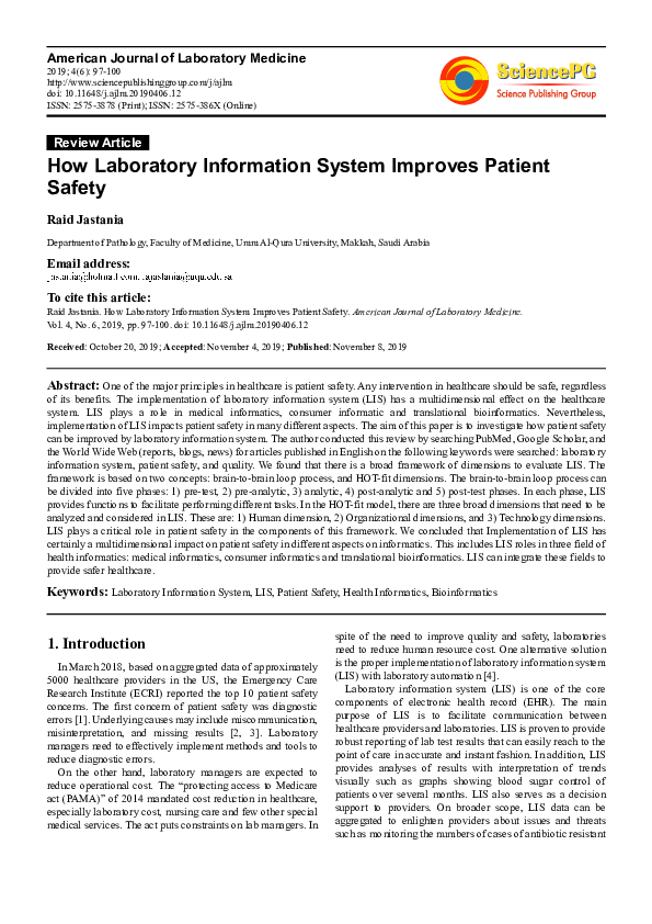 (PDF) How Laboratory Information System Improves Patient Safety