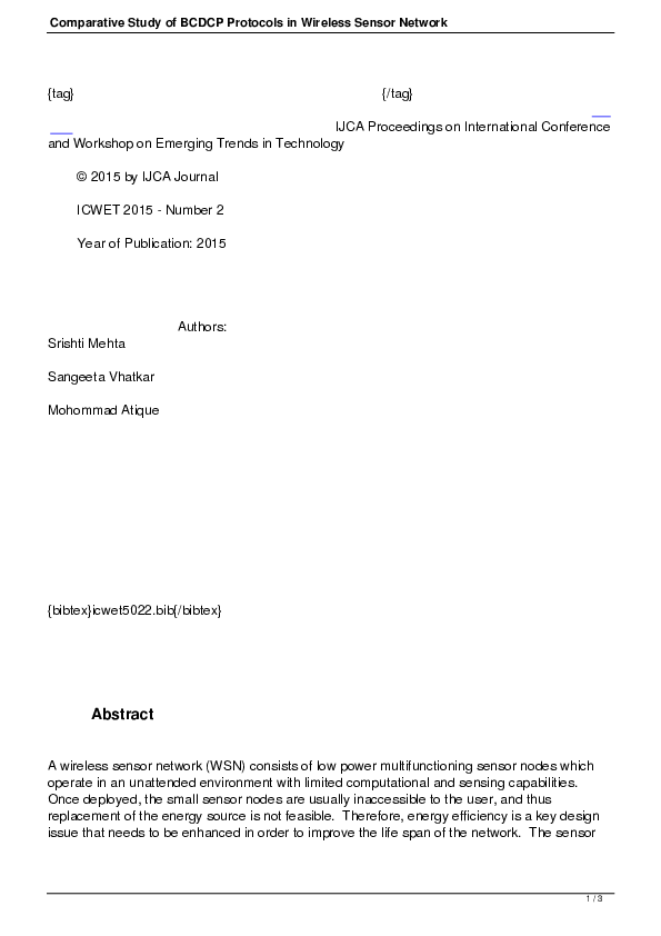 (PDF) Comparative Study of BCDCP Protocols in Wireless Sensor Network