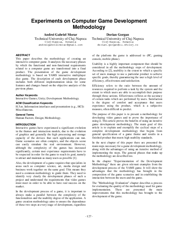 (PDF) Experiments on Computer Game Development Methodology