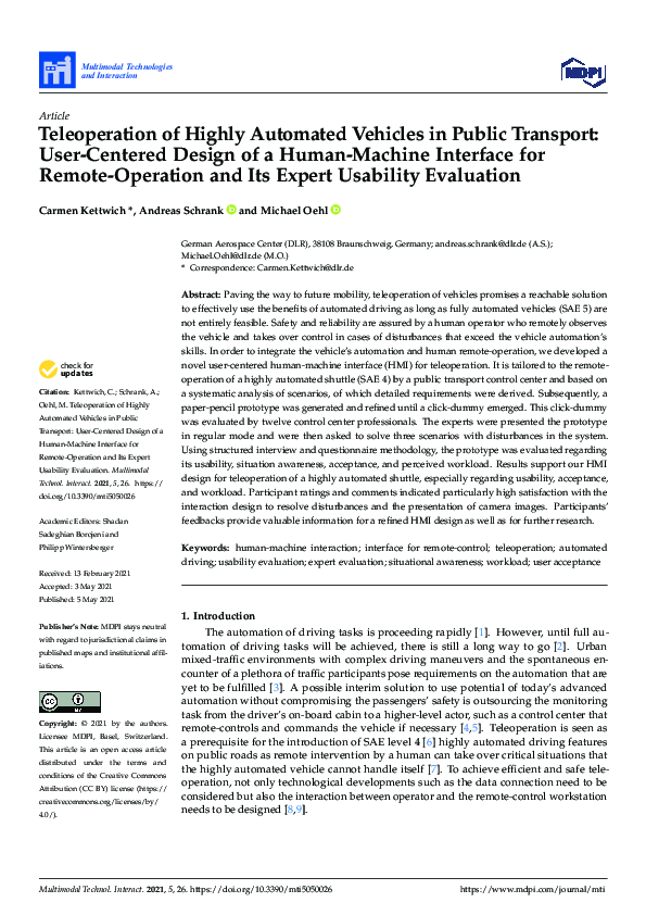 (PDF) Teleoperation of Highly Automated Vehicles in Public Transport: User-Centered Design of a ...
