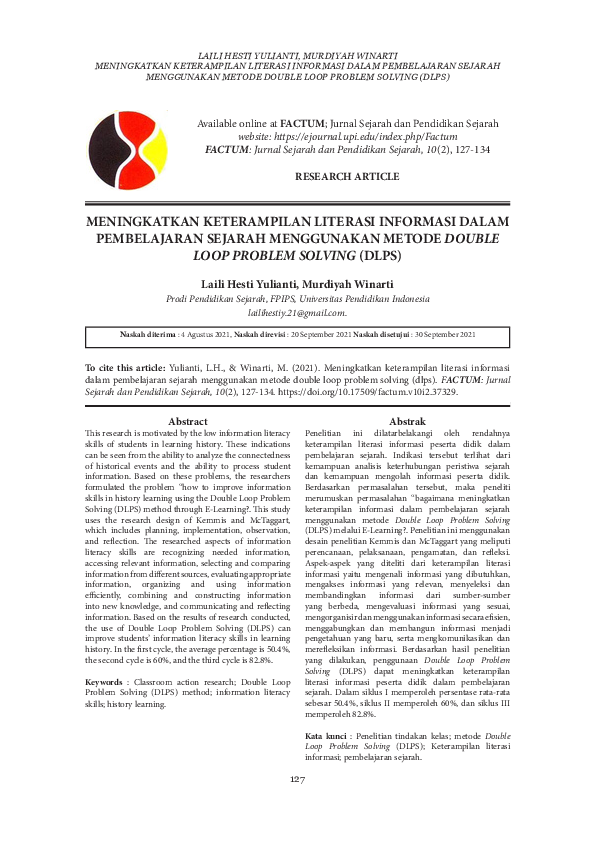(PDF) Meningkatkan Keterampilan Literasi Informasi dalam Pembelajaran Sejarah Menggunakan Metode ...