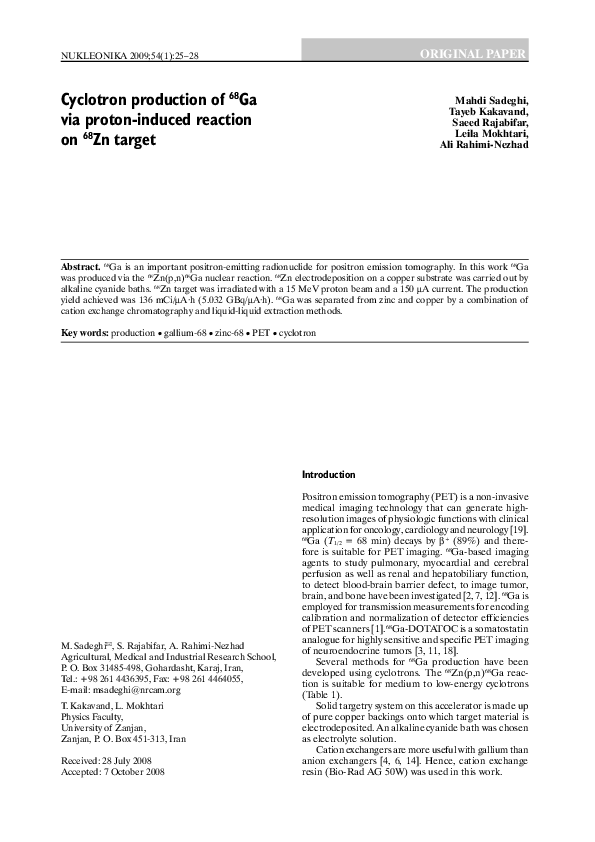 (PDF) Cyclotron production of 68Ga via proton-induced reaction on 68Zn ...