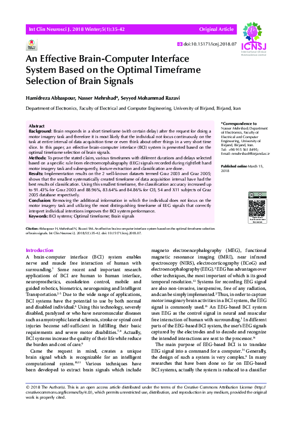 Pdf An Effective Brain Computer Interface System Based On The Optimal Timeframe Selection Of