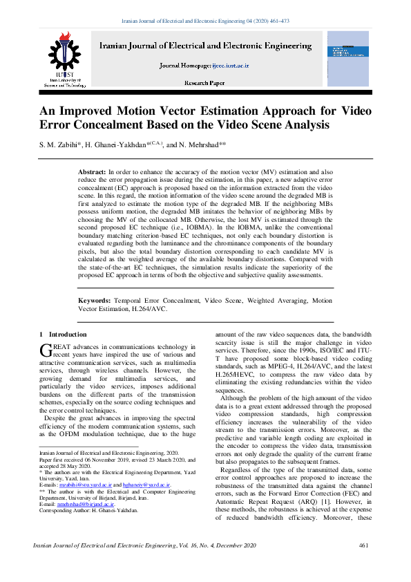 (PDF) An Improved Motion Vector Estimation Approach for Video Error Concealment Based on the ...