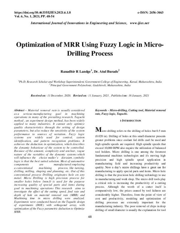 (PDF) Optimization of MRR Using Fuzzy Logic in MicroDrilling Process