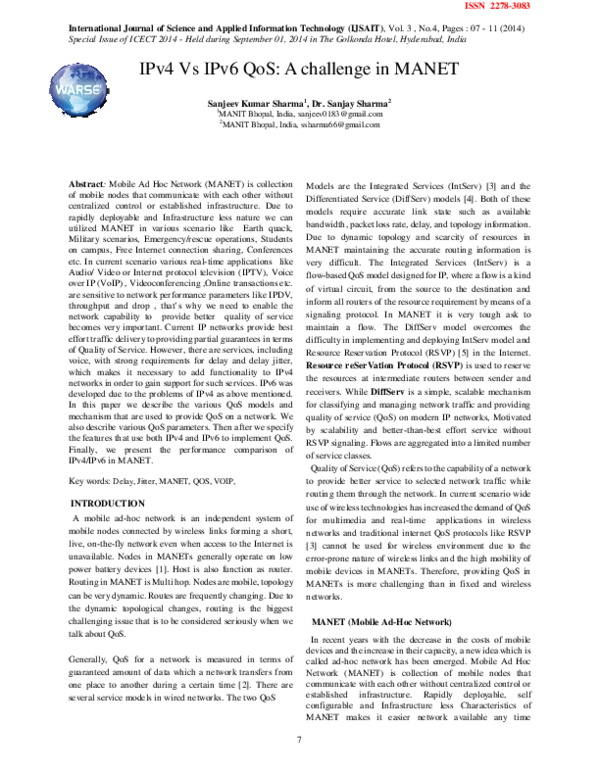 (PDF) IPv4 Vs IPv6 QoS: A challenge in MANET