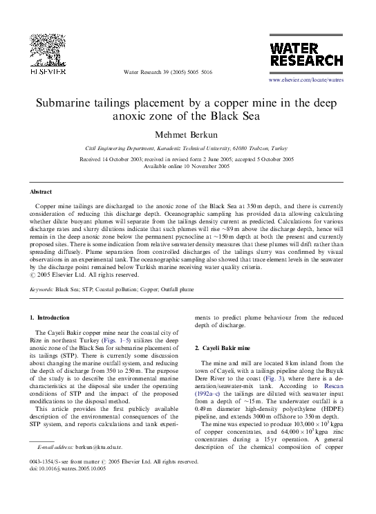 (PDF) Submarine tailings placement by a copper mine in the deep anoxic ...