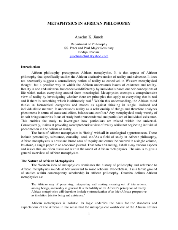 (PDF) Metaphysics in African Philosophy | Anselm Jimoh - Academia.edu