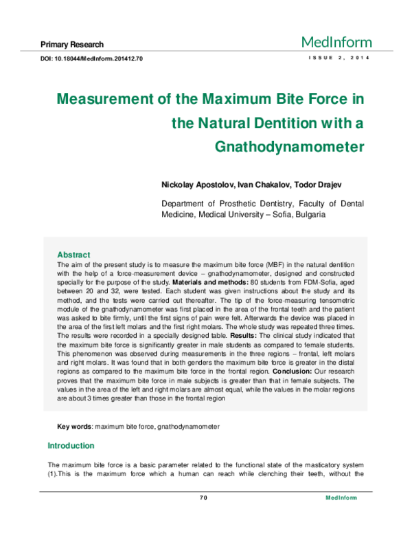 (PDF) Measurement of the Maximum Bite Force in the Natural Dentition ...
