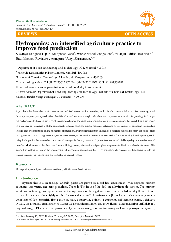 Pdf Hydroponics An Intensified Agriculture Practice To Improve Food