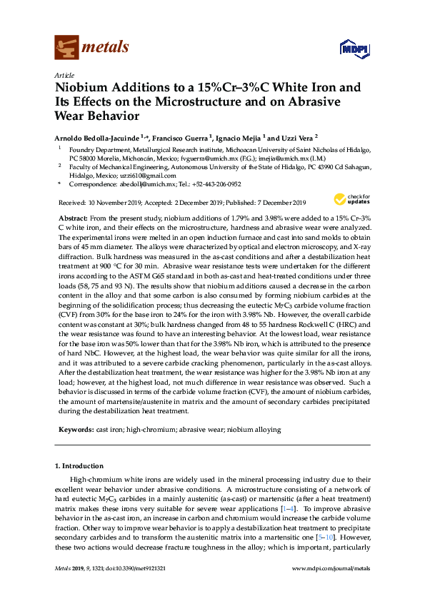(PDF) Niobium Additions to a 15%Cr–3%C White Iron and Its Effects on the Microstructure and on ...