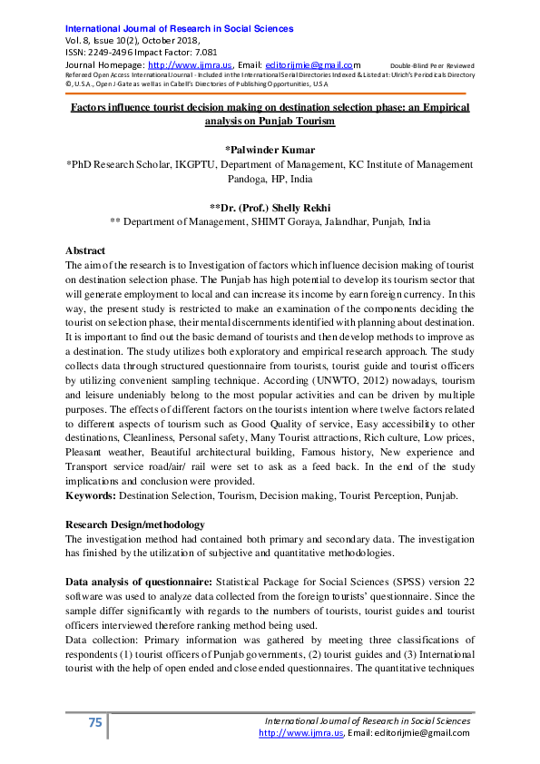 (PDF) Factors influence tourist decision making on destination ...