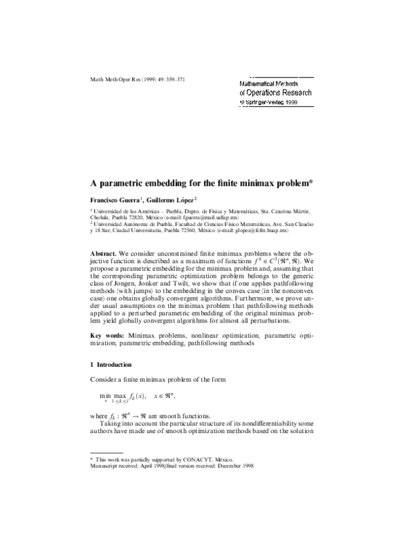 Pdf A Parametric Embedding For The Finite Minimax Problem